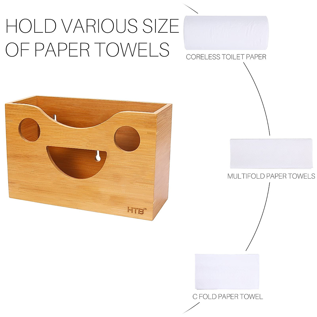 Paper Towel Dispenser Countertop or Wall Mount by HTB, Manual Bamboo Paper Hand Towel Holder Compatible with Trifold，C Fold, Z Fold, Multifold Paper Towels for Bathroom, Kitchen, Office
