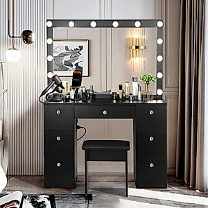 SMOOL Vanity with Lighted Mirror, Makeup Desk Power Outlet and LED Bulbs, 3 Color Lighting Modes Adjustable Brightness, 7 Drawers Table Cushioned Stool for Women Girls, 44'' L, 2-black