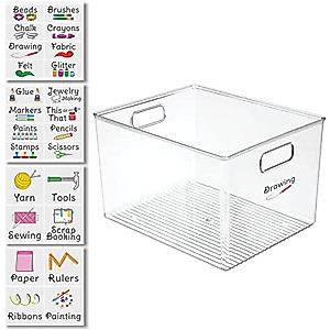 mDesign Plastic Craft Room Storage Box - Sewing, Crochet Storage Container with Built-in Handles for Thread, Beads, Ribbon, Glitter, Clay - 12" x 10" x 8" Includes 24 Labels - Clear