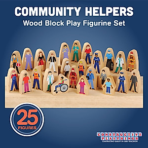 Constructive Playthings Wooden Community Helpers 25-Piece Wood Block Play Figurine Set, Freestanding Inclusive and Diverse Wood Toy Figures for Kids Ages 3+