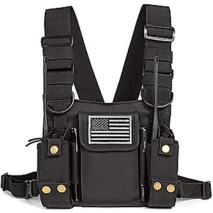 Radio Shoulder Holster Chest Harness Holder Vest Rig for Two Way Radio Chest Front Pack Pouch Walkie Talkie Case with Front Pouches for Kenwood Arcshell Retevis Baofeng UV-5R F8HP UV-82 888S (Black)