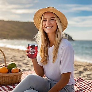 Chris's Stuff 12 oz Wine Tumbler - Iced Coffee Mug with Splash-Proof Lid Stainless Steel Double Wall Vacuum Insulated with Inner Layer Copper Keep Drinks Cold/Hot - Quote: Beach and Wine (Red)