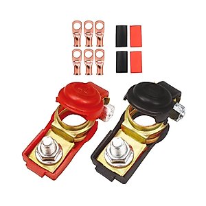 1 Pair Battery Terminals, Negative and Positive Car Battery Cable Terminal Clamp Connectors, 6PCS 3/8 Copper Ring Terminal Assortment Kit and 4PCS Heat Shrink Tubes, Fit for Van, Boat, and More