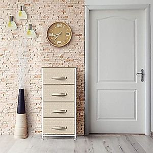 Pipishell Dresser with 4 Drawers, Tall Storage Tower with Sturdy Steel Frame Wood Top，Fabric Dresser Organizer Unit for Bedroom, Hallway, Entryway, Closets, Nursery Room