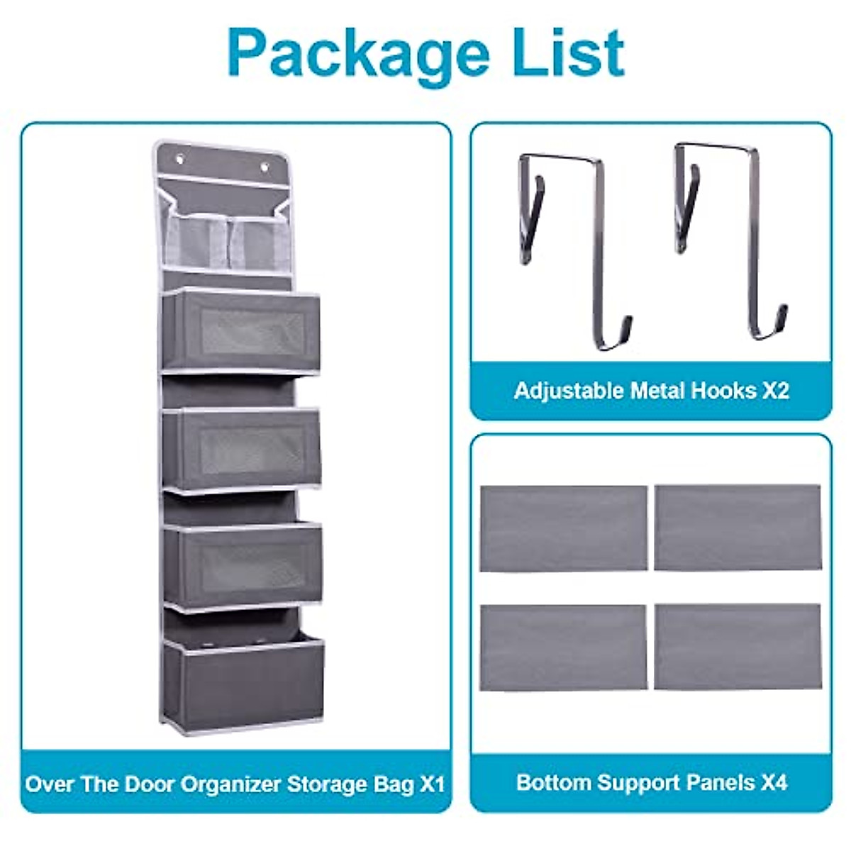 Aeeteek 1 Pack Over The Door Hanging Organizer 5-Shelf Closet Cabinet Storage Bag 49.2 * 13 * 5.5 in Wall Mount Large Capacity Hanging Shelves Drawers for Kitchen Bathroom Nursery (Grey)