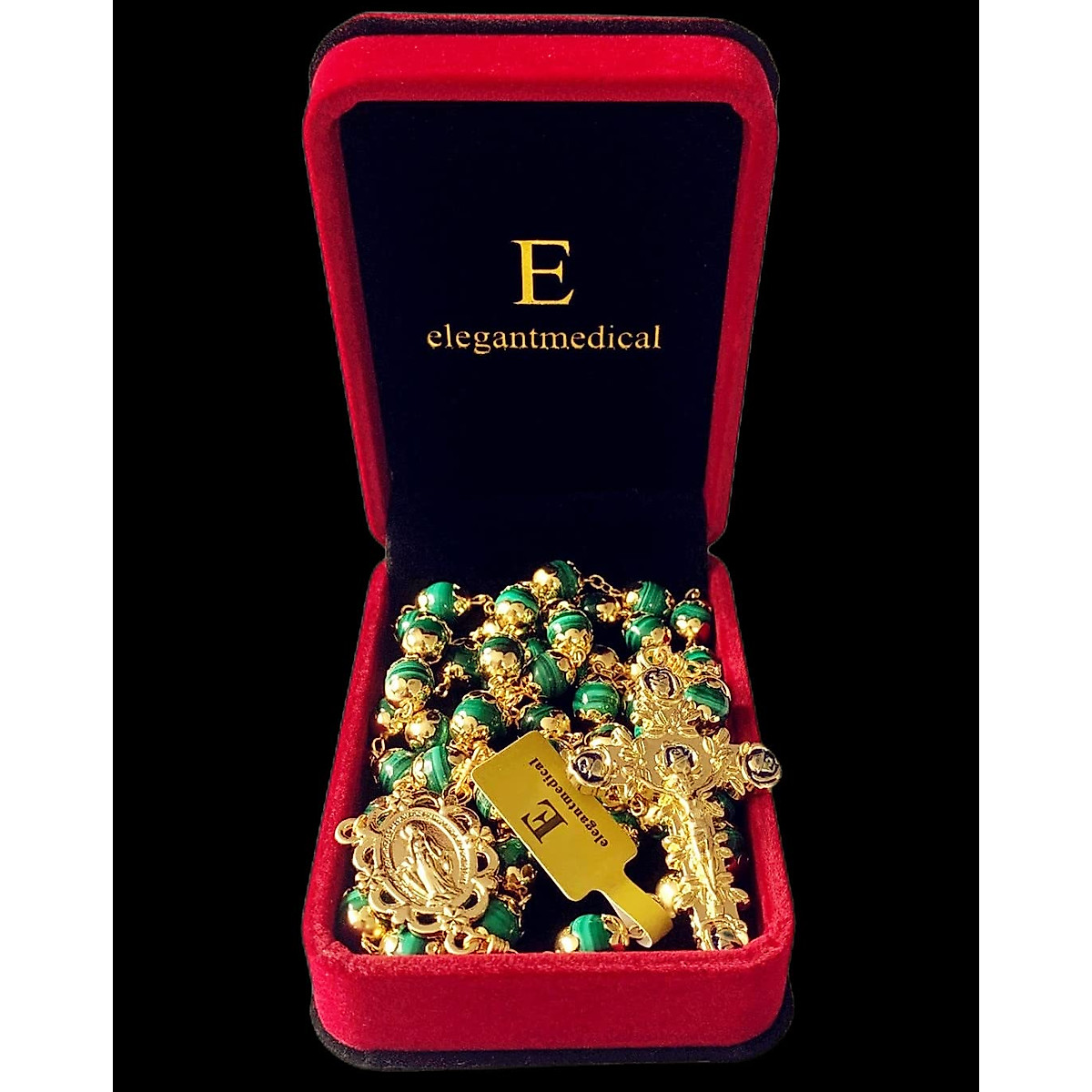 elegantmedical HANDMADE 18K Gold Plated UNDOUBTED Malachite Rosary Prayer Beads Necklace Catholic Gift & Box