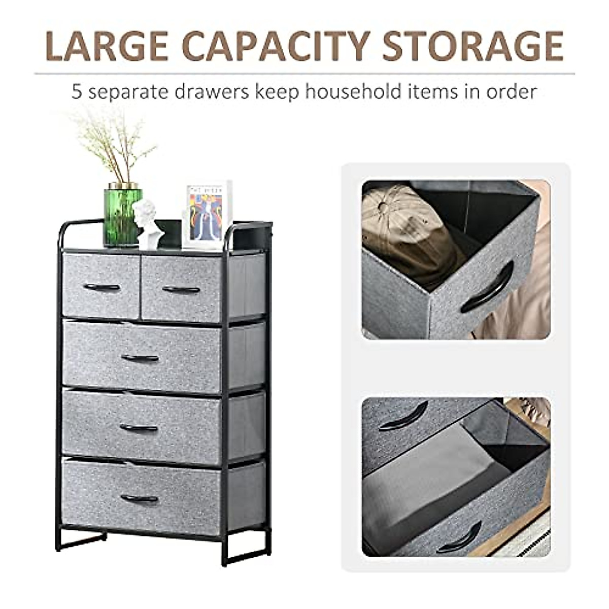 HOMCOM 5-Drawer Fabric Dresser Tower, 4-Tier Storage Organizer with Steel Frame for Hallway, Bedroom and Closet, Grey