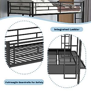 KNAMOTL Twin Over Full Bunk Bed, Heavy Duty Bunk Bed Frame with Integrated Side Ladder & Upper Guard Rails, Space-Saving Design, Metal Bunk Bed for Teens Adults Bedroom, No Box Spring Needed, Black