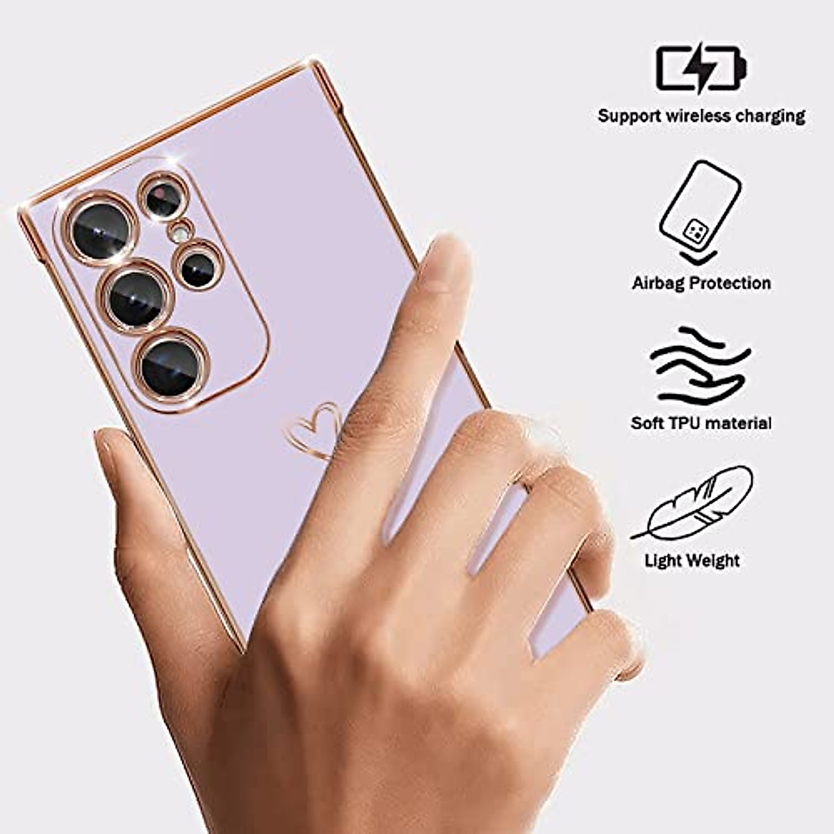 SZXYCZL Compatible with Samsung Galaxy S23 Ultra 5G Case for Women Girl with Luxury Plating Full Camera Lens Protection Cute Love Plating Edge Soft TPU Anti-Fall Case for Samsung S23 Ultra-Purple