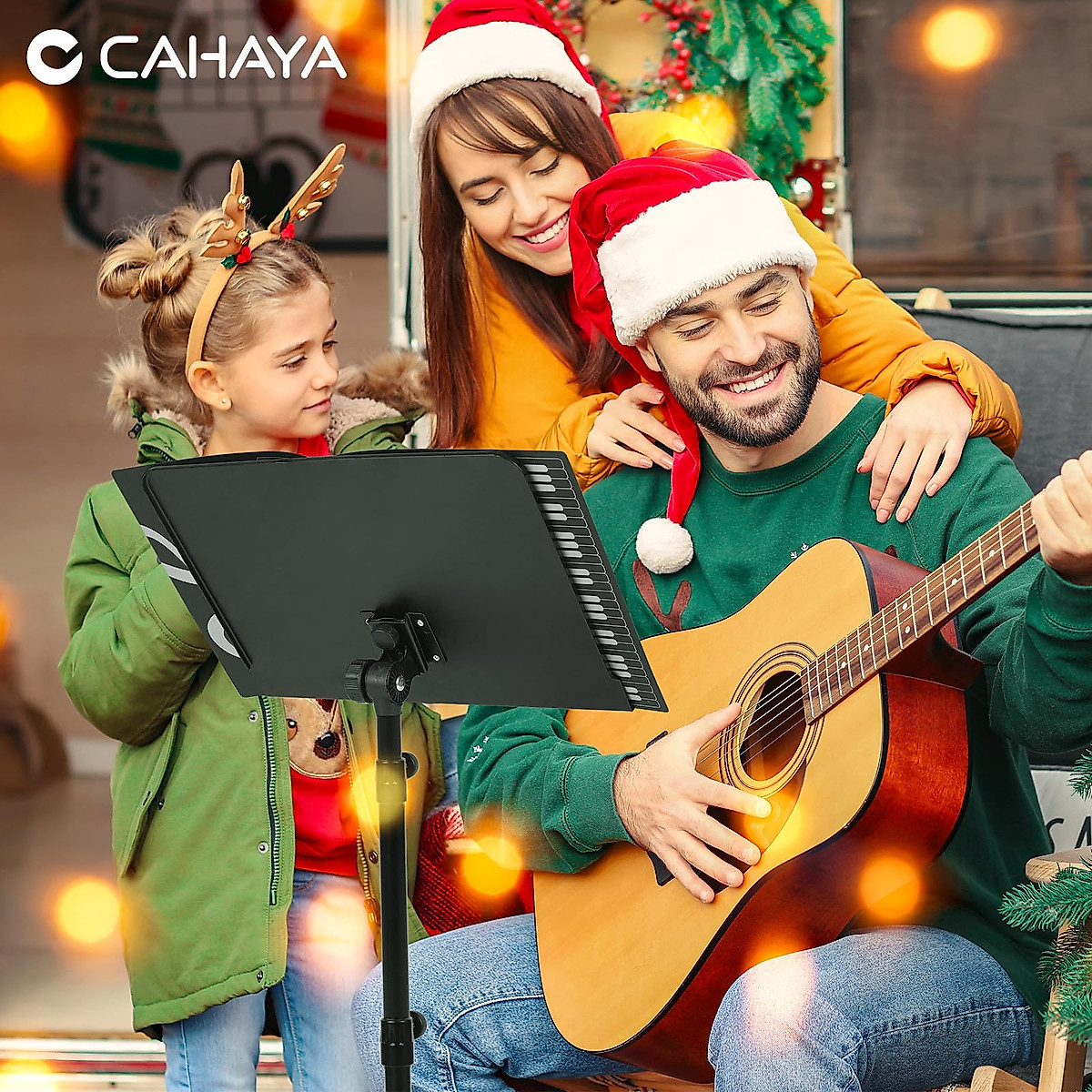 CAHAYA 5 in 1 Dual-use Sheet Music Stand & Desktop Book Stand Metal Portable Solid Back Height Adjustable from 31.4-57in with Book Stand Support, Carrying Bag, Sheet Music Folder and Clip