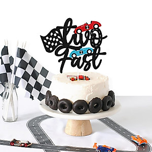 Two Fast Cake Topper Racing Car Chequered Flag Themed Happy Birthday Party Supply for Boys Girls Kids 2nd Second Two Bday Cake Decoration
