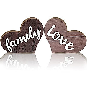 Jetec 2 Pieces Love Family Heart Wooden Sign Heart Shaped Wooden Decoration Rustic Table Sign Wooden Heart Table Centerpiece for Home Kitchen Living Room Bedroom Office Table Decor