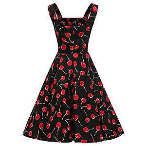 50's Retro Cocktail Summer Tea Dress Women's Rock Sling Floral Dot Dress Swing Party Dress（DV8025-M） Black Cherry