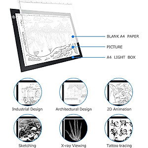 Black A4 Dimmable LED Artcraft Light Box Tracer Slim Light Pad Portable Tablet, USB Power Cable Copy Drawing Board Tracing Table for Artists Designing, Animation, Sketching, Stenciling X-ray Viewing
