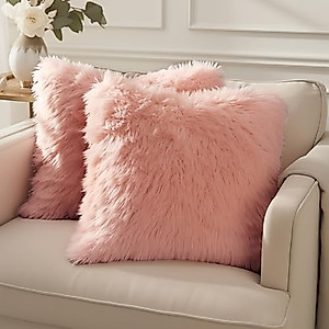 Hyde Lane Luxury Blush Faux Fur Throw Pillow Covers | Soft Fluffy Fuzzy Cushion Cover | Pink Pillows Case for Couch Sofa Bed Aesthetic Room Decor, 18”x18”, 2 Pack