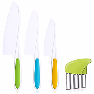 4 Pcs Kids Knife Toddler Safe Cutter Serrated Edges Set for Kitchen Cooking Plastic Children's Cooking Friendly Knife and Crinkle Cutter for Fruit Cake Food Vegetable (Green, Blue, Yellow)