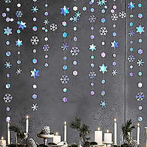 Clearance 52Ft Winter Wonderland Party Decoration Iridescent Snowflake Garland Holographic Paper Snowflakes Streamer for Winter Onderland Christmas Frozen Birthday Wedding Bridal Shower Party Supplies