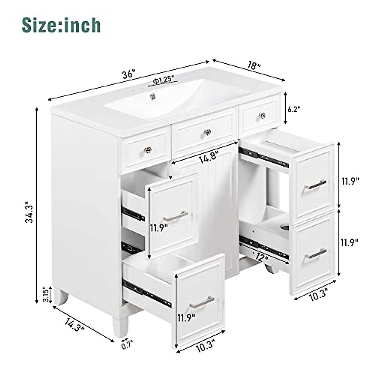 DHHU 36" Vanity Top Combo Set, Single Sink, Shaker Soft Closing Door and Drawer, Bathroom Storage Cabinet, Solid Wood Frame, White