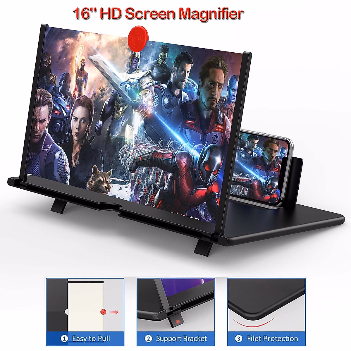 16" Screen Magnifier for Smartphone –3D HD Mobile Phone Magnifying Projector Screen Enlarger Expanders for Movies, Videos, and Gaming–Foldable Phone Stand with Screen Amplifier–Supports All Cell Phone