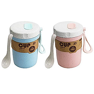 LZYMSZ 2PCS Wheat Straw Soup Cup, 300ml Portable Microwaveable Breakfast Cup, 2 Colors Porridge Lunch Box with Spoon for School Office Outdoor Travel Student (Blue and Pink)
