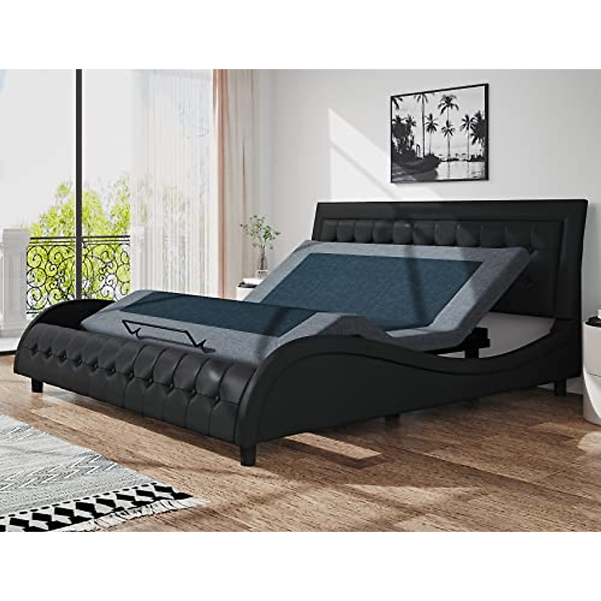 SHA CERLIN King Size Box-Tufted Platform Bed Frame/Faux Leather Upholstered Bed Frame with Adjustable Headboard/Wood Slat Support/Wave-Like Modern Bed/Low Profile/Black