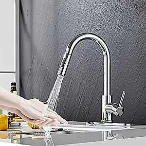 KSUCBOHAR Kitchen Faucets with Pull Down Sprayer，Single Handle High Arc Kitchen Sink Pull Out Faucet with Deck Plate，Commercial Modern Stainless Steel rv Kitchen Faucet，Glossy