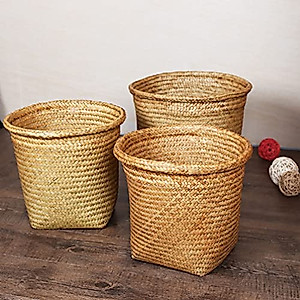 NOLITOY 2pcs Seagrass Waste Basket Woven Trash Can Wicker Waste Paper Basket Round Garbage Container Bin Rattan Laundry Basket Plant Pot for Bedroom Bathroom Kitchen Home Office