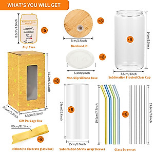 Sublimation Glass Blanks With Bamboo Lid, 16OZ Frosted Sublimation Beer Can Glass with Glass Straws Present Box Mason Jar Cups (8 PACK, Frosted)