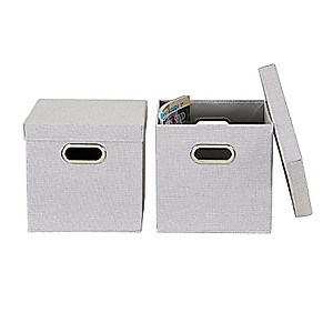 Household Essentials 804-1 Café Cube Bin Storage Set with Lids and Handles | 2 Pack, Grey Linen