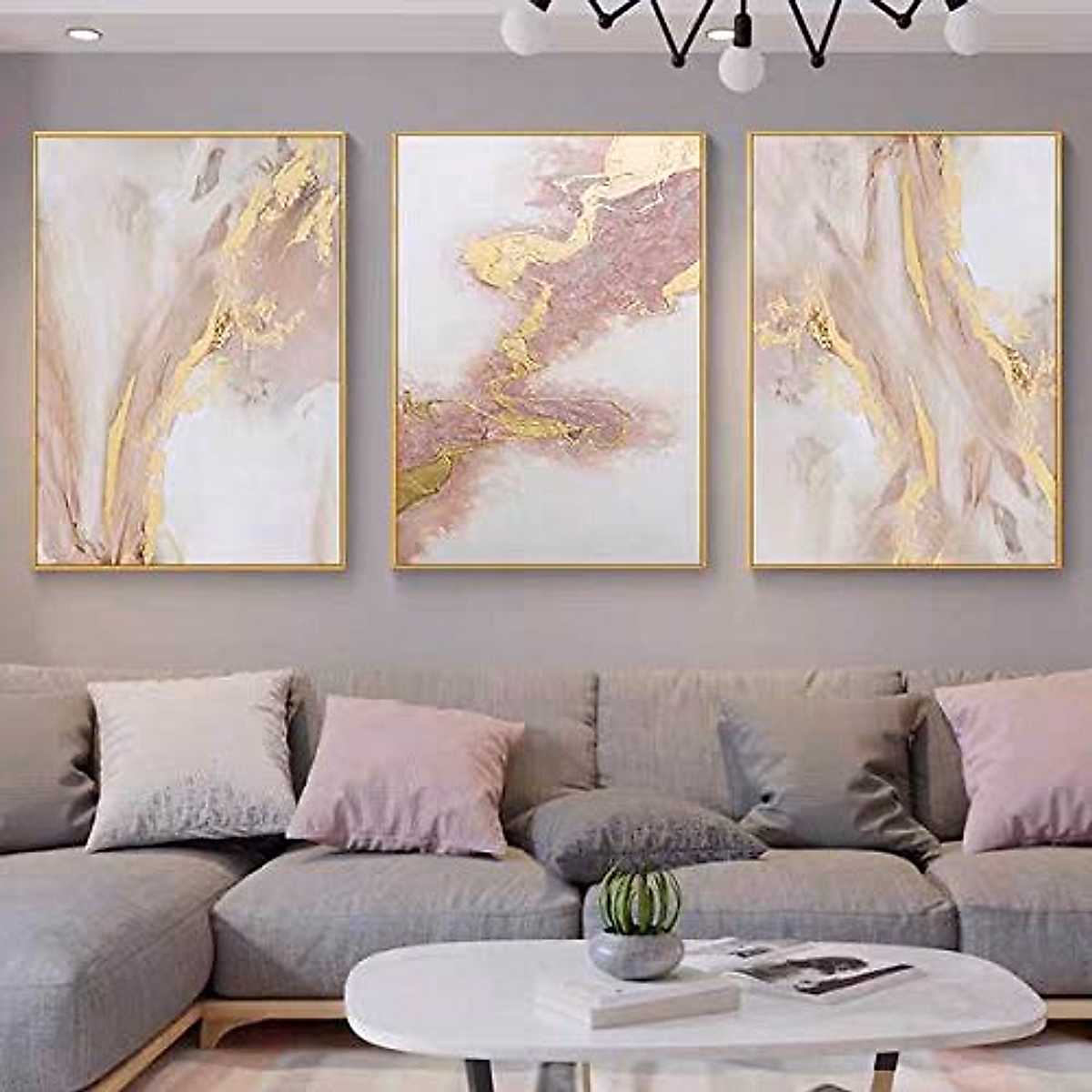 3 Piece Framed Canvas Wall Art Pink Gold Abstract Painting Water Flow Shape Modern Home Decor Ready to Hang 24x48 inches