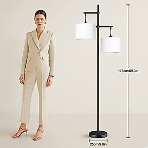 Modern Farmhouse Floor Lamp for Living Room, 2-Light 69.3in Tall Standing Lamp for Bedroom Office, Black Industrial Pole Light Reading Lamp, Stand Up Lights with White Fabric Shades & Foot Switch