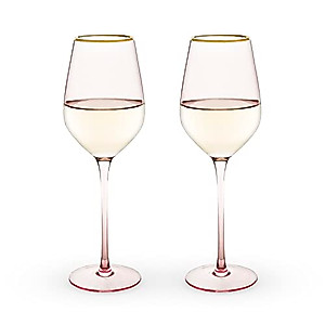 Twine Rose White Wine Glasses, Gold Rimmed Pink Tinted Crystal Wine Glass Set, Stemmed Wine Glasses, Set of 2, 14 Ounces