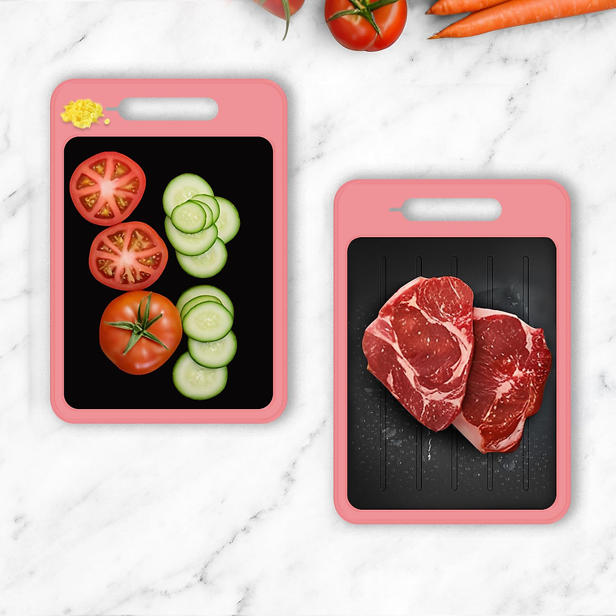 4-in-1 Defrosting Tray for Frozen Meat with Cutting Board, Knife Sharpener & Garlic Grater - Self Thawing Tray & Non-Slip Pink Chopping Boards by EliKai