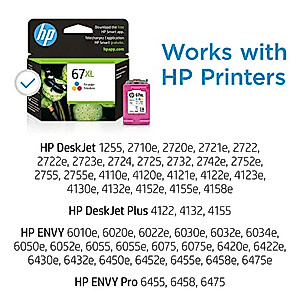 HP 67XL Tri-color High-yield Ink Cartridge | Works with HP DeskJet 1255, 2700, 4100 Series, HP ENVY 6000, 6400 Series | Eligible for Instant Ink | 3YM58AN