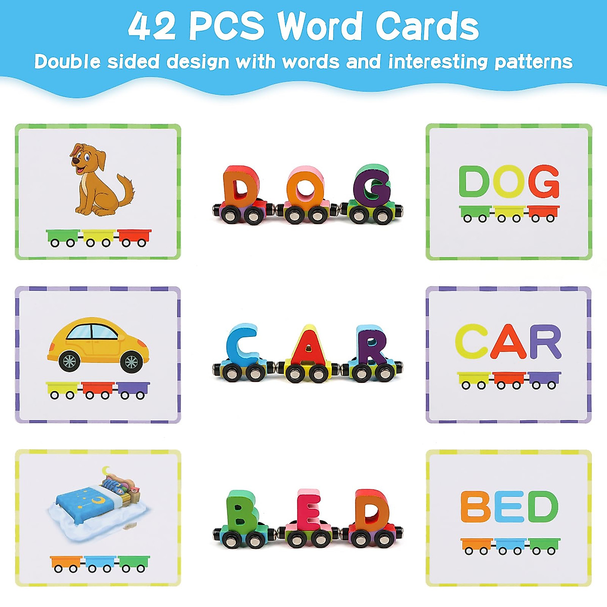 Wondertoys Wooden Alphabet Train Toy 27 PCS Magnetic Alphabet ABC Letter Train Set Includes 42 PCS Flash Cards, 1 Engine and 1 Storage Box for Toddlers Kids Boys and Girls