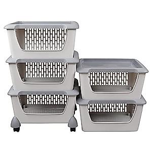 Innouse 5 Tier Large Plastic Storage Stacking Basket/Bin on Wheels, Grey