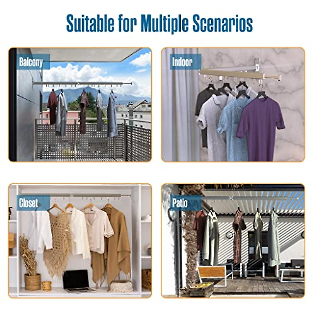 Clothes Drying Rack, Folding Air Dry Laundry, Wall Mounted Hang Dryer, 63"x7", Aluminum, Retractable, Collapsible, Foldable, Pull Out Clothesline for Hanging Shirts, Pants, Indoor, Outdoor w/Hooks