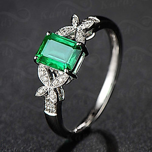 Kardy Elegant Butterfly Natural Emerald Gemstone Diamond Solid 14K White Gold Engagement Wedding Promise Ring for Women