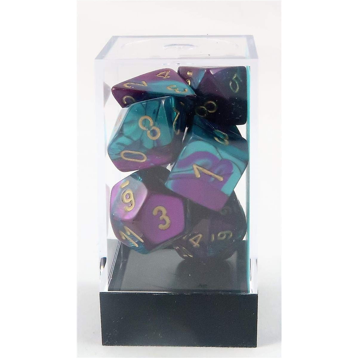 Polyhedral 7-Die Gemini Dice Set: Purple & Teal with Gold (d4, d6, d8, d10, d12, d20 & d00)