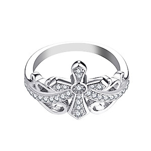 JO WISDOM 925 Sterling Silver Cubic Zirconia Cross Crown Women Ring with White Gold Plated Size 10