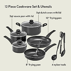 bella Cookware Set, 12 Piece Pots and Pans with Utensils, Nonstick PFOA Free Scratch Resistant Cooking Surface Compatible with All Stoves, Nylon and Aluminum, Black