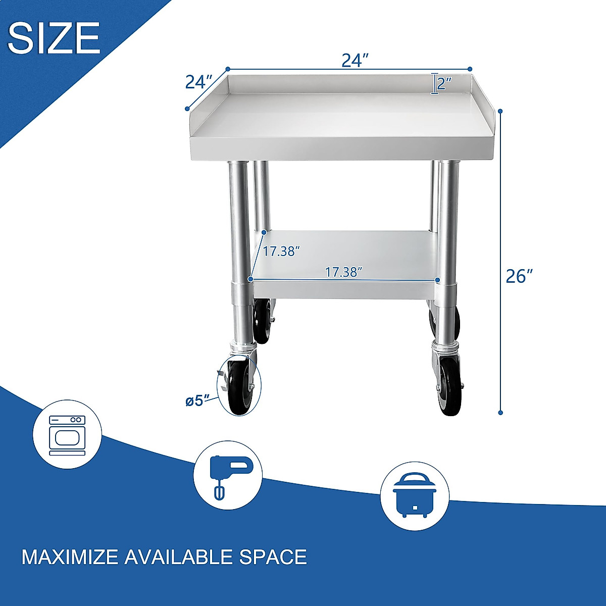 HARDURA Stainless Steel Equipment Work Stand 24" x 24" Prep Table with Under Shelf and Caster for Commercial & Workplace, Home, Hotel, Garage