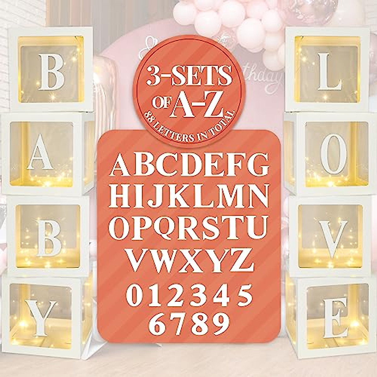 Sratte Balloon Box with Letters and Numbers Clear Blocks Boxes with LED Lights for Shower Party Decorations Birthday Wedding Graduation Party Supply, No Balloons(White, Warm White,8 Pcs)