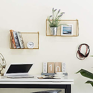 MyGift Metal Mesh Wall Hanging Storage Shelves, Wall-Mounted Gold-Tone Perforated Decorative Shelves, Set of 2