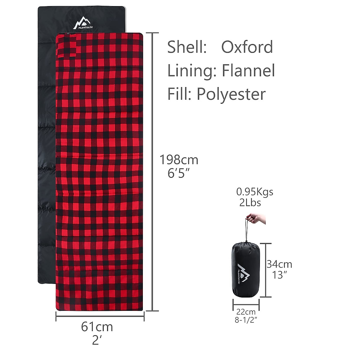Mantuole Heated Sleeping Bag pad, Heated Sleeping Bag Liner, 5 Heating Zones, Operated by Battery Power Bank or Other USB Power Supply, Compact Bag Included. Black & Red Flannel.