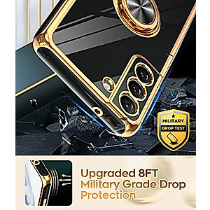 LeYi for Samsung Galaxy S21 FE 5G Case: with Tempered Glass Screen Protector [2 Pack] 360° Rotatable Ring Holder Magnetic Kickstand, Plating Rose Gold Edge Protective Case, Black