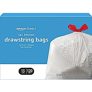 Amazon Basics Flextra Tall Kitchen Drawstring Trash Bags, 13 Gallon, 120 Count