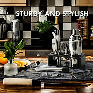 MixMate Stainless Steel Cocktail Shaker Set with Stand - 15-Piece Bartender Kit with Drink Shaker, Bar Spoon, Jigger, Muddler, Strainer, Bottle Opener & Stopper, Pour Spouts, Stirrers, Tongs, Recipes