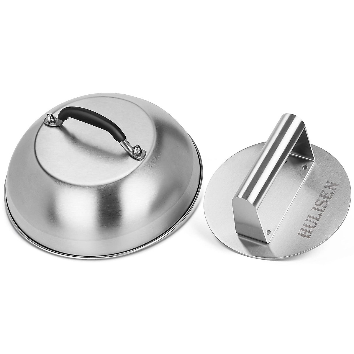 HULISEN Cheese Melting Dome & Smashed Burger Press, 6.2" Grill Press with 9" Basting Cover, Stainless Steel Burger Smasher, Griddle Accessories Kit for Flat Top Grill Cooking Indoor/Outdoor