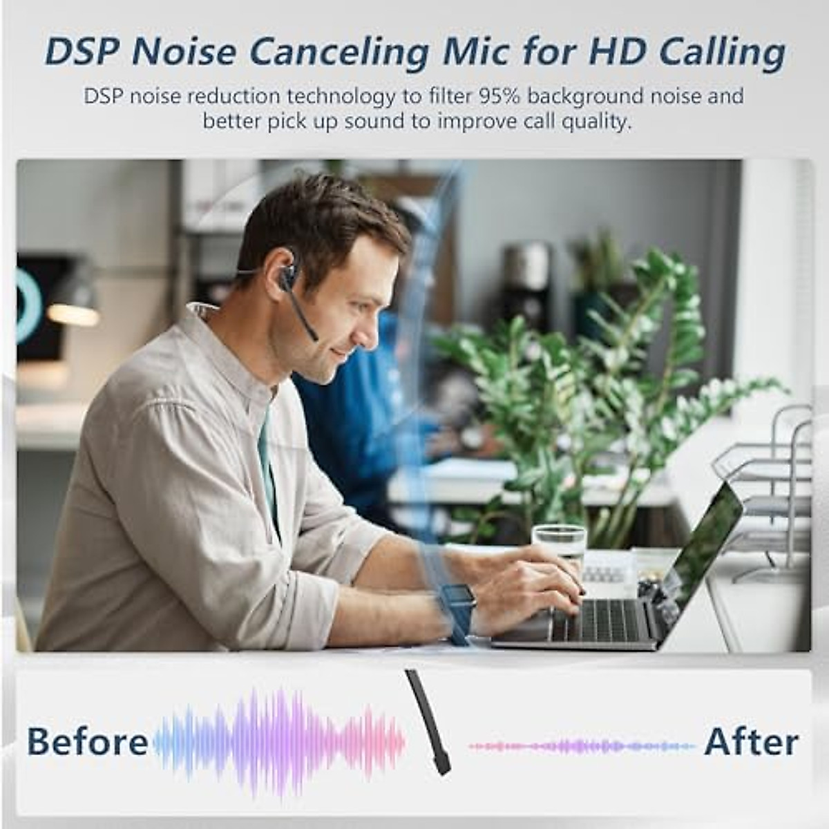 BANIGIPA Bluetooth Headset with Microphone, Wireless Headset w/Noise Canceling Boom Mic, Open Ear Headphones for Phone Laptop PC Computer, Light and Comfortable for Office Meeting Home Working-10 Hrs